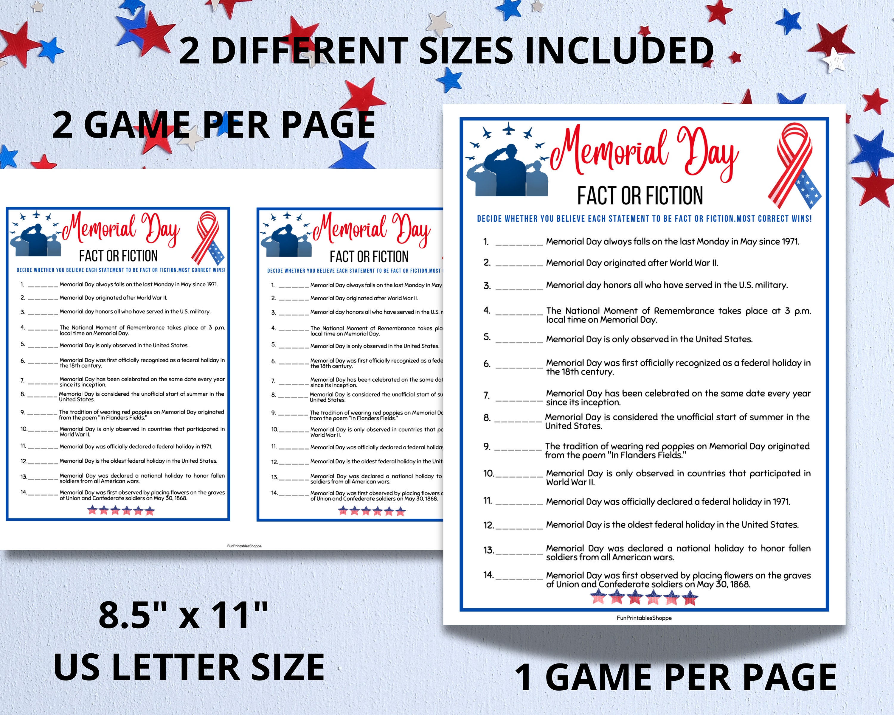 Memorial Day Fact or Fiction Game,memorial Day Trivia, Seniors,veteran ...