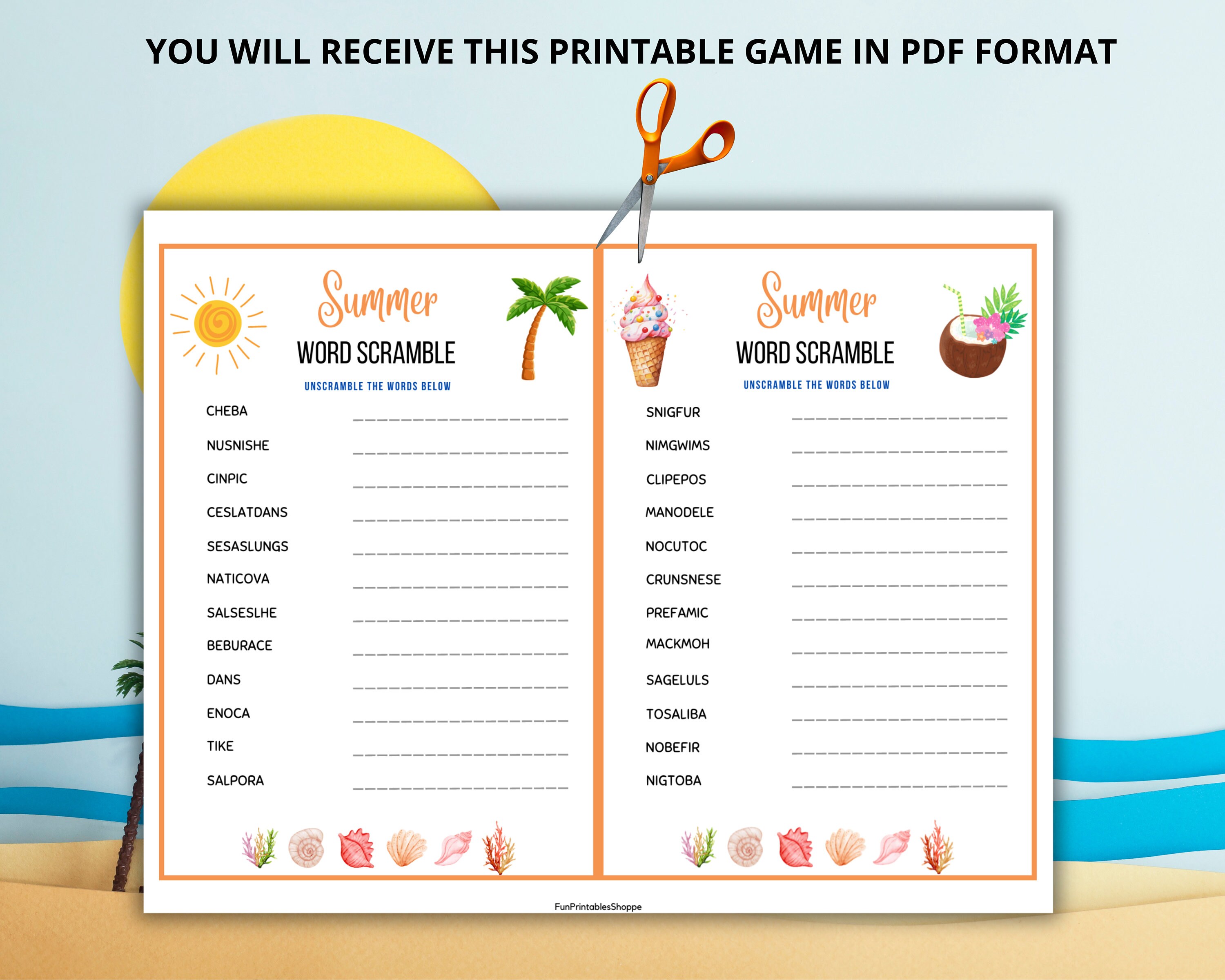 Summer Word Scramble,summertime Games,summer Party Games,summer ...