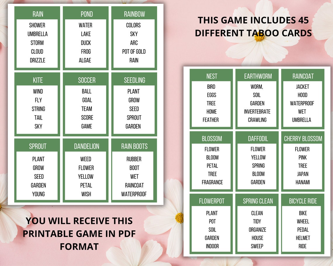Spring Taboo Game, Spring Printable Game for Family,springtime Game ...