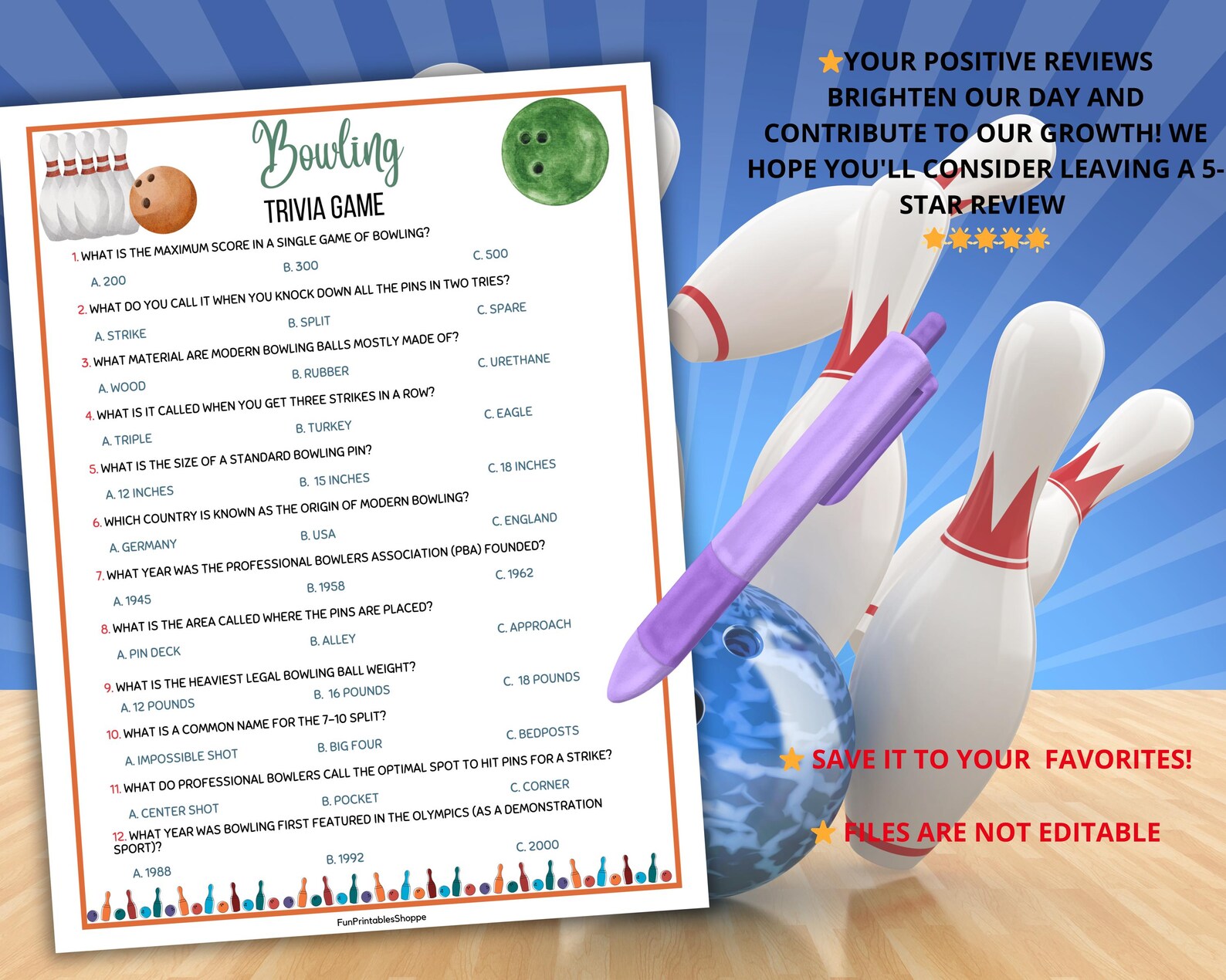 Bowling Trivia Game,sports Trivia,bowling Party,sports Quiz,bowling ...