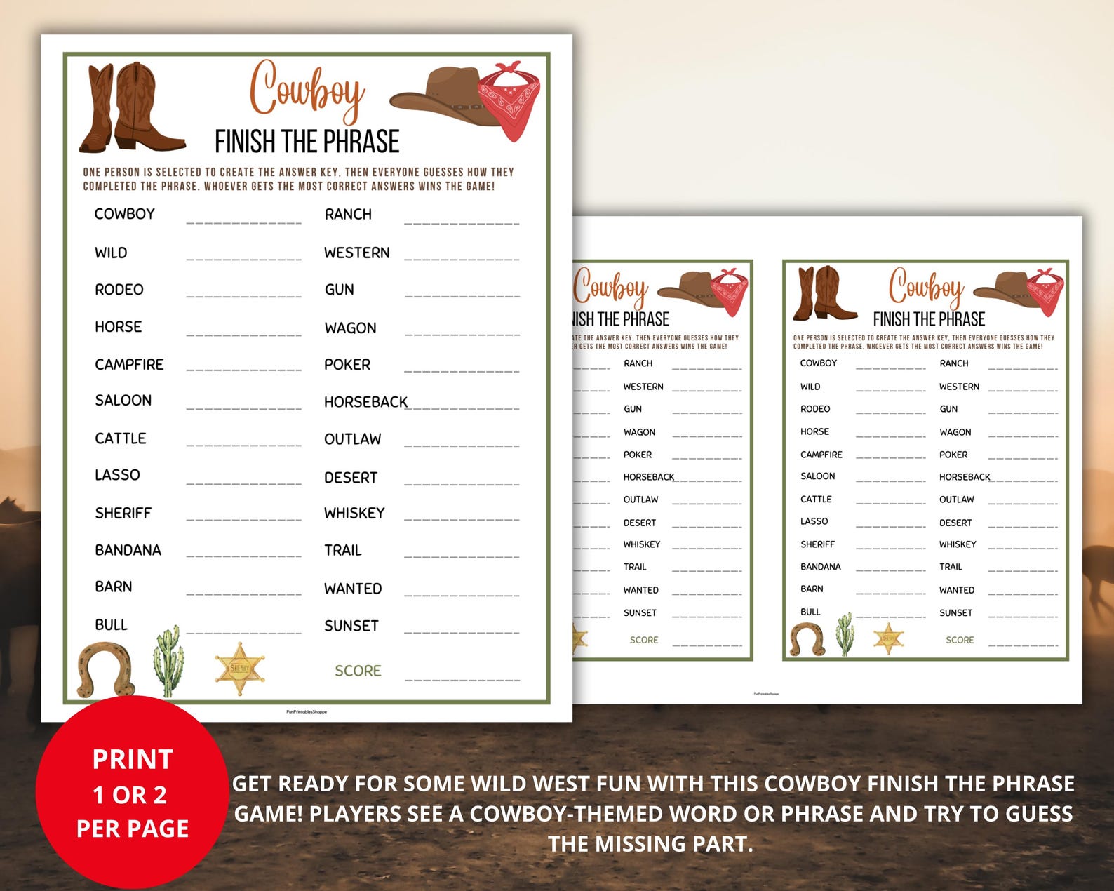 Cowboy Finish the Phrase,cowboy Trivia Quiz,western Party Game,cowboy ...