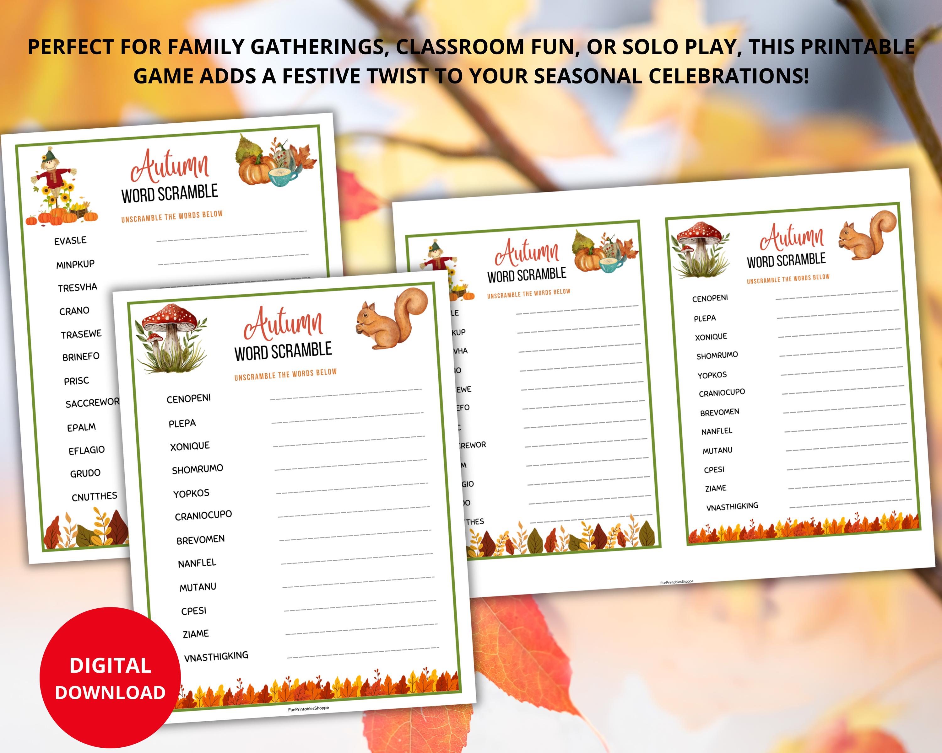 Fall Word Scramble,autumn Word Scramble,fall Activity,family Game ...