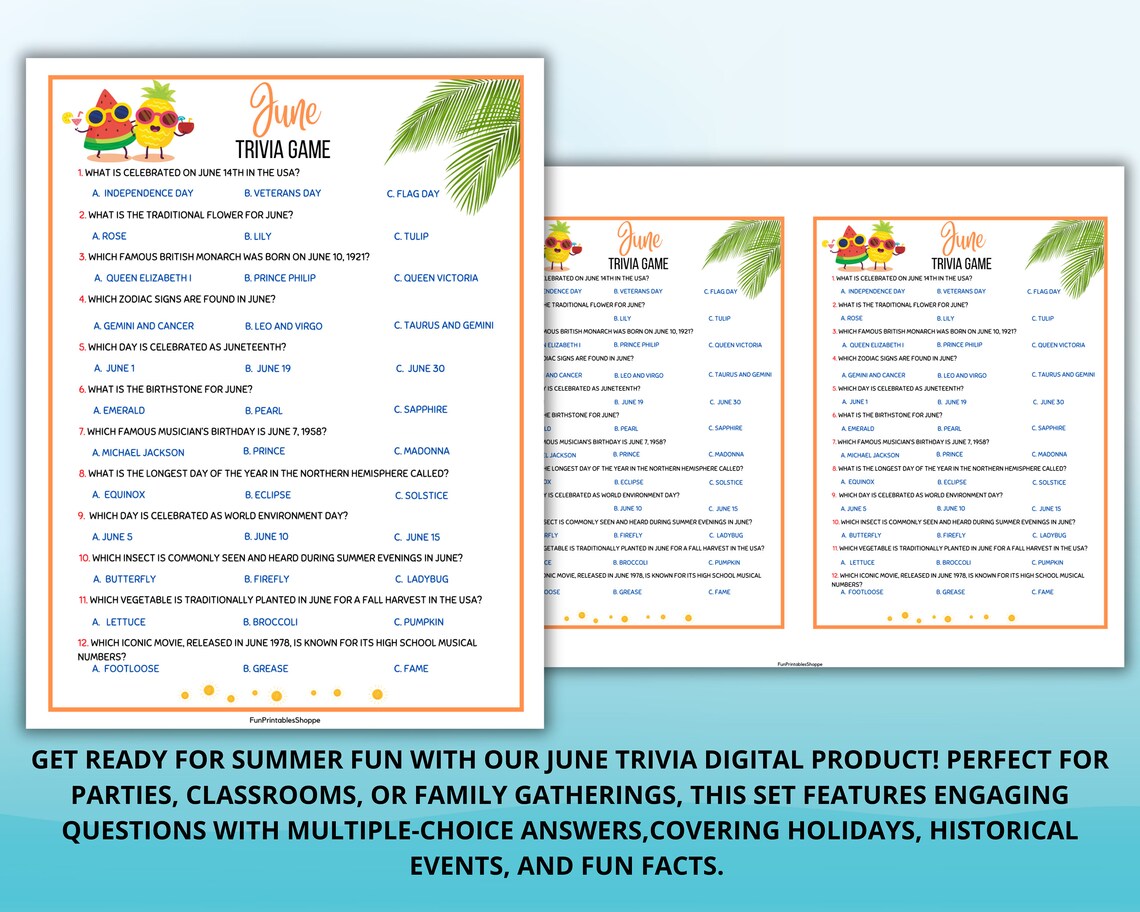 June Trivia Game,summer Trivia Quiz,summer Party Games,summer Trivia ...