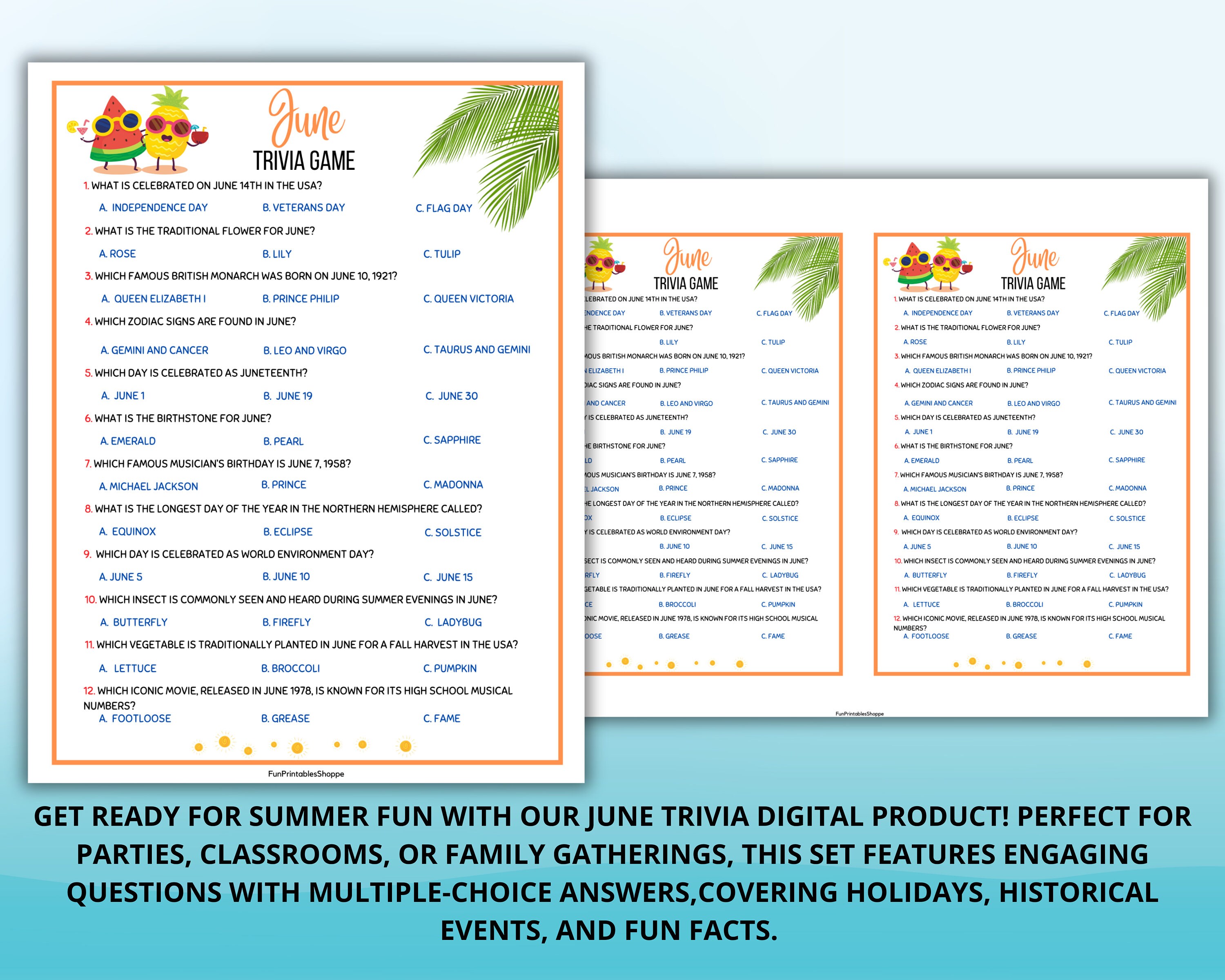 June Trivia Game,summer Trivia Quiz,summer Party Games,summer Trivia ...