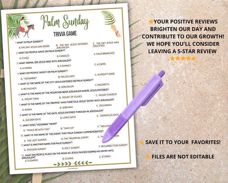 Palm Sunday Trivia,easter Story Trivia Game,holy Week Trivia,bible ...
