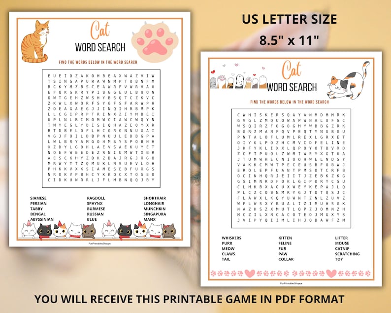 Cat Word Search,animal Word Puzzle,cat Party Game,vocabulary Game,word ...