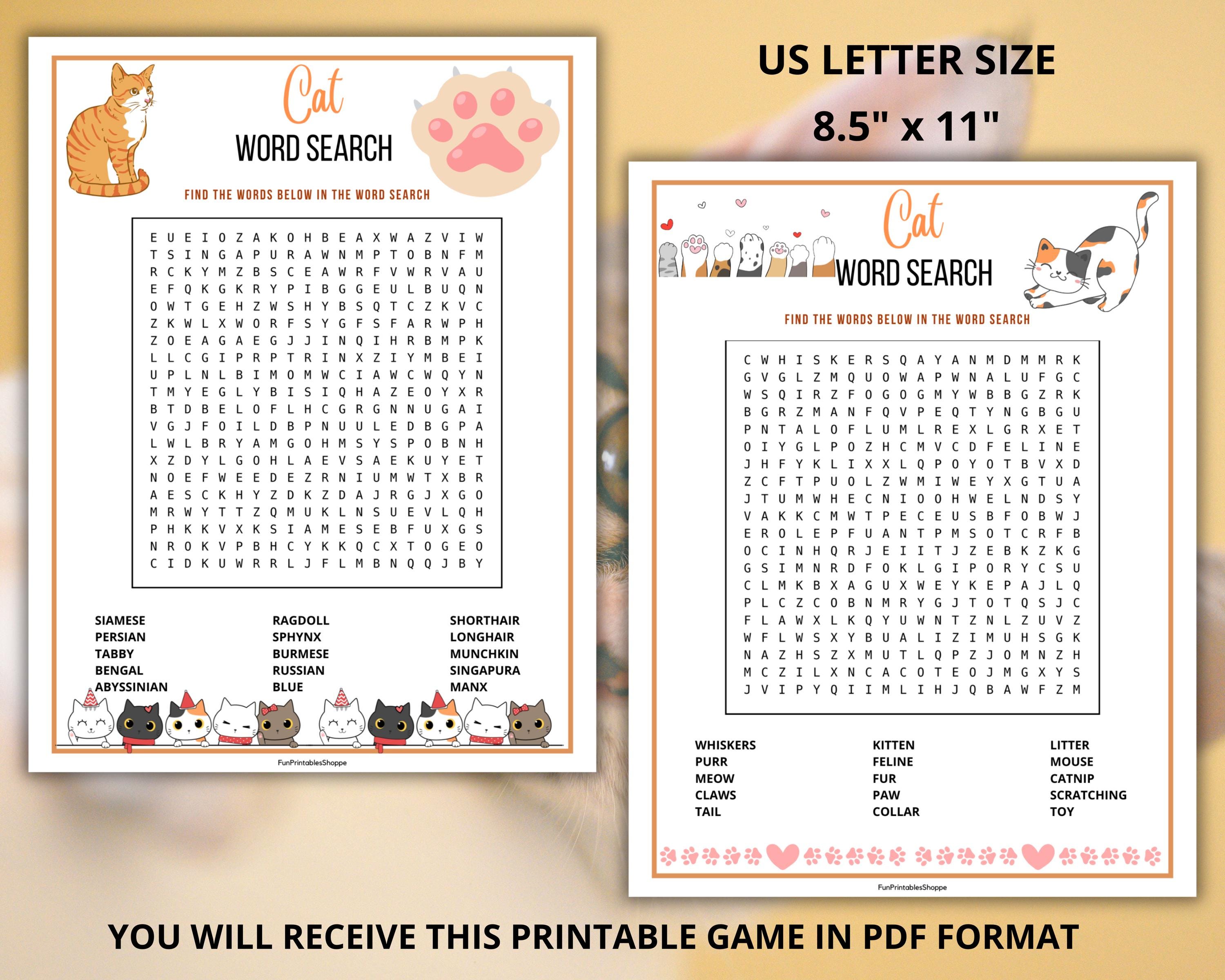 Cat Word Search,animal Word Puzzle,cat Party Game,vocabulary Game,word ...