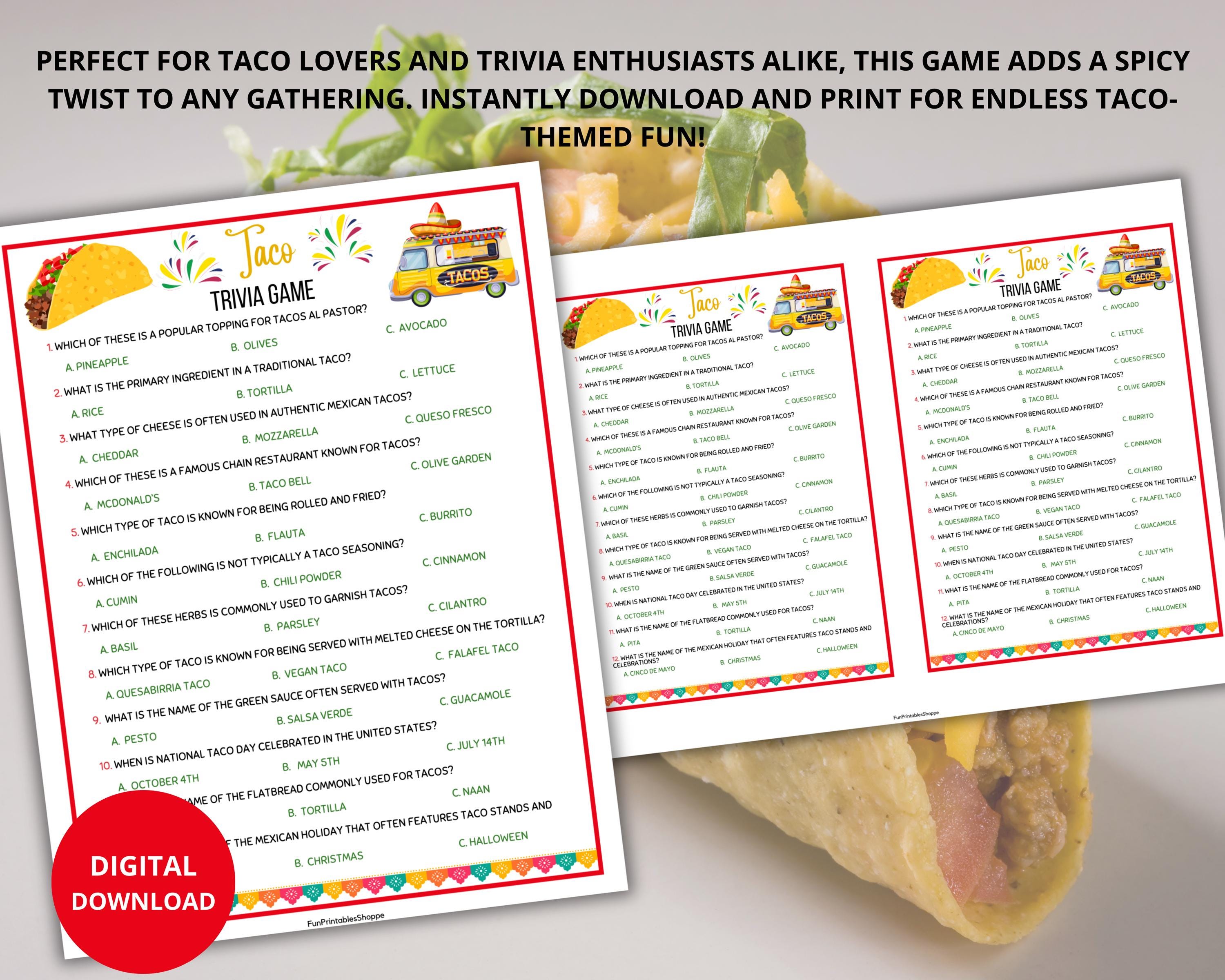 Fiesta Taco Trivia Game,taco Party Game,food Trivia,taco Fiesta,mexican ...