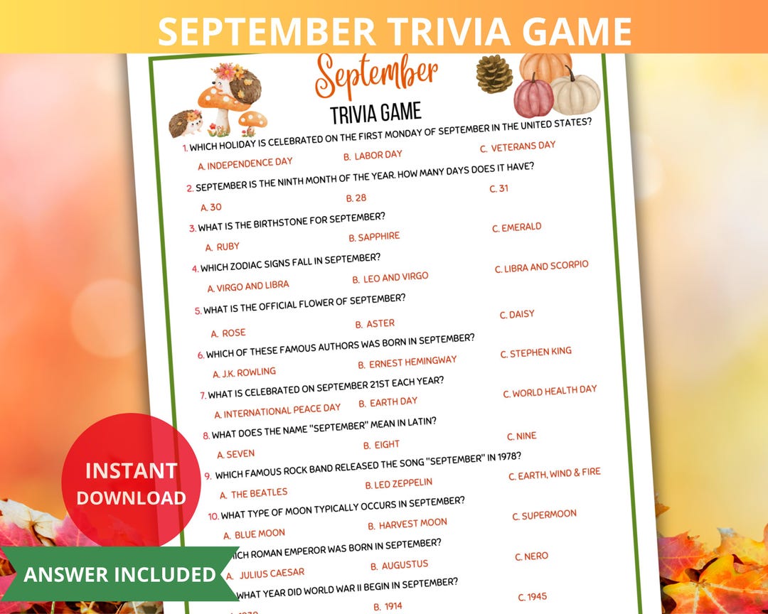 September Trivia Game,fall Trivia,trivia Night,month Party,autumn Party ...