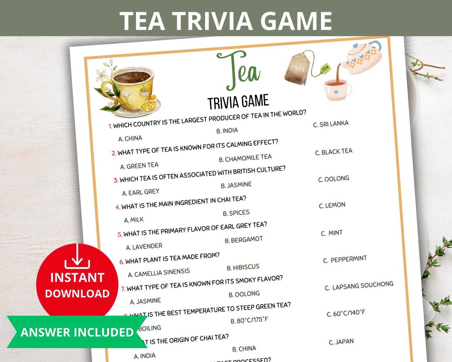 Tea Trivia Game,tea Trivia Quiz,tea Question,tea Games Printable,drink ...