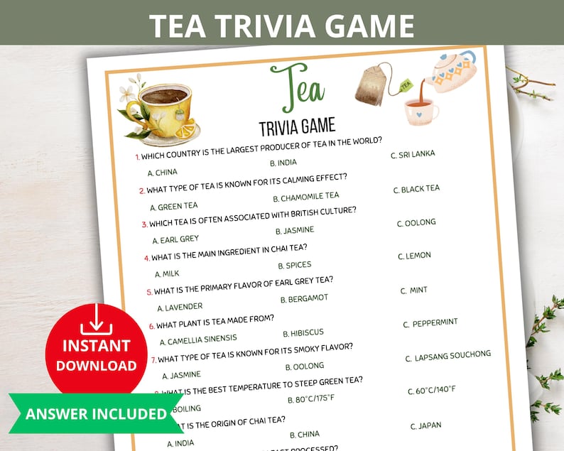 Tea Trivia Game,tea Trivia Quiz,tea Question,tea Games Printable,drink ...