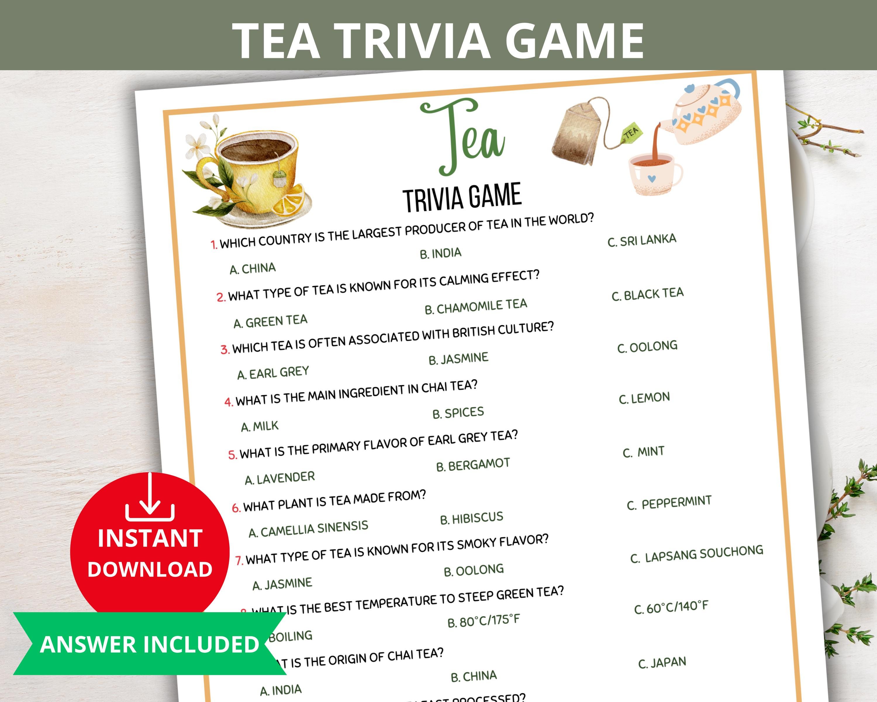 Tea Trivia Game,tea Trivia Quiz,tea Question,tea Games Printable,drink ...