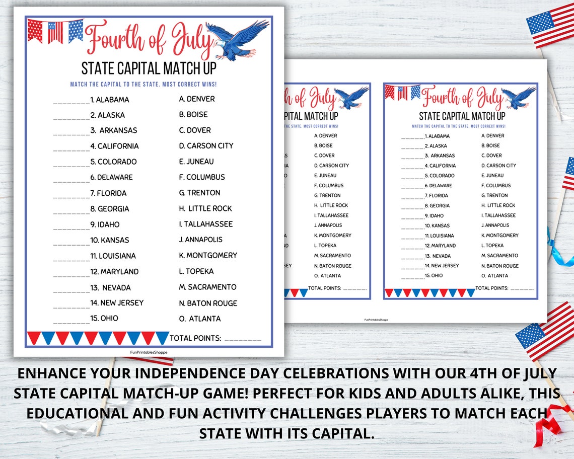 Fourth of July State Capital Match,july 4th Party Game,4th of July ...