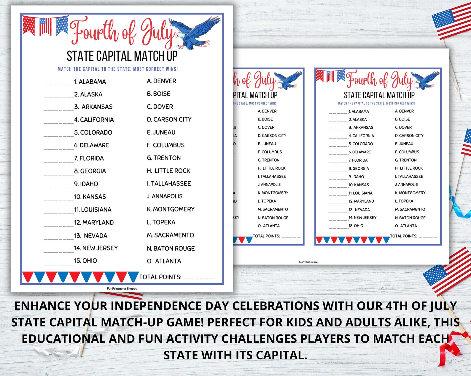 Fourth of July State Capital Match,july 4th Party Game,4th of July ...