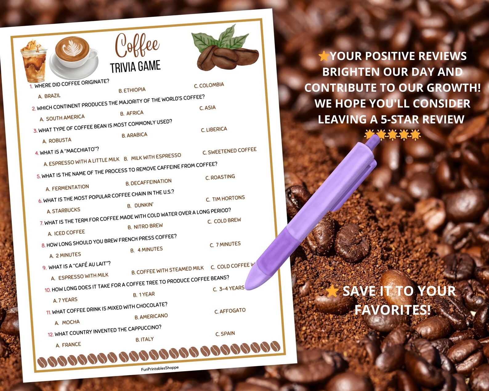 Coffee Trivia Game,coffee Shop Game,coffee Quiz,coffee Lover Game ...