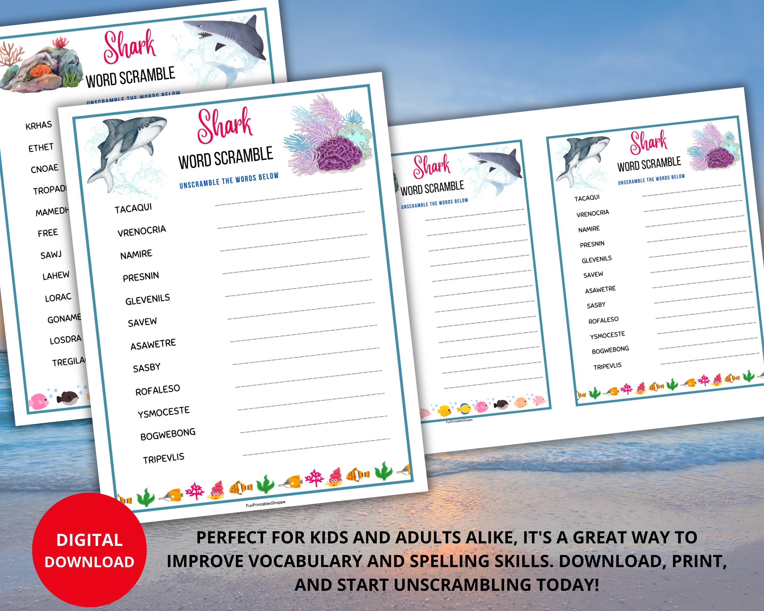Shark Word Scramble,shark Party Game,word Search,shark Birthday Party ...