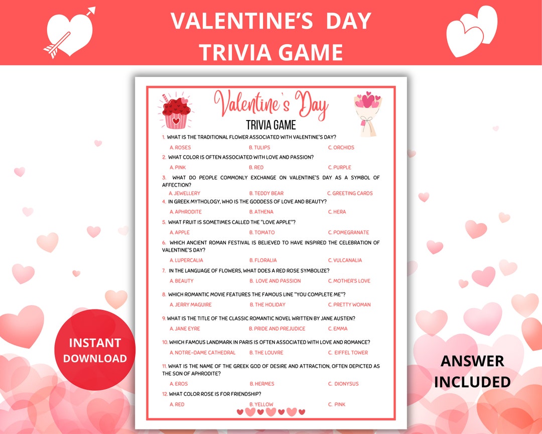 Valentines Day Trivia Game, Printable Valentines Quiz, Valentines Party ...