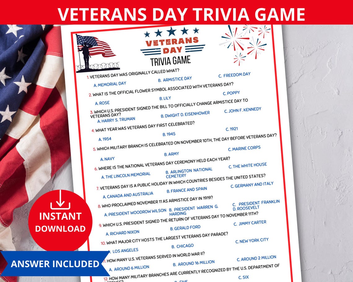 Veterans Day Trivia Game,veterans Day Quiz,patriotic Games,veterans Day ...