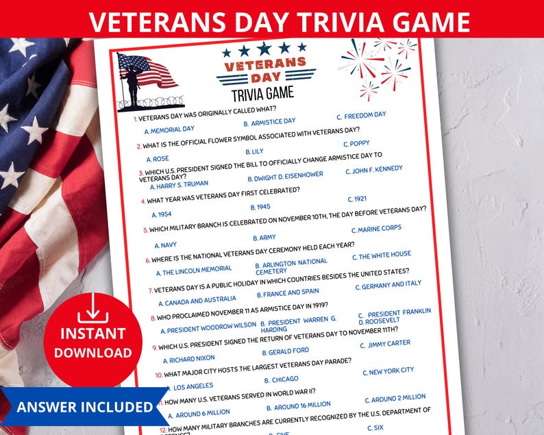 Veterans Day Trivia Game,veterans Day Quiz,patriotic Games,veterans Day ...