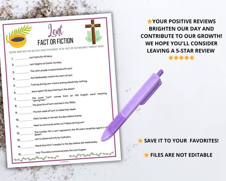 Lent Fact or Fiction,lent Quiz,lent Trivia Game,easter Bible True or ...