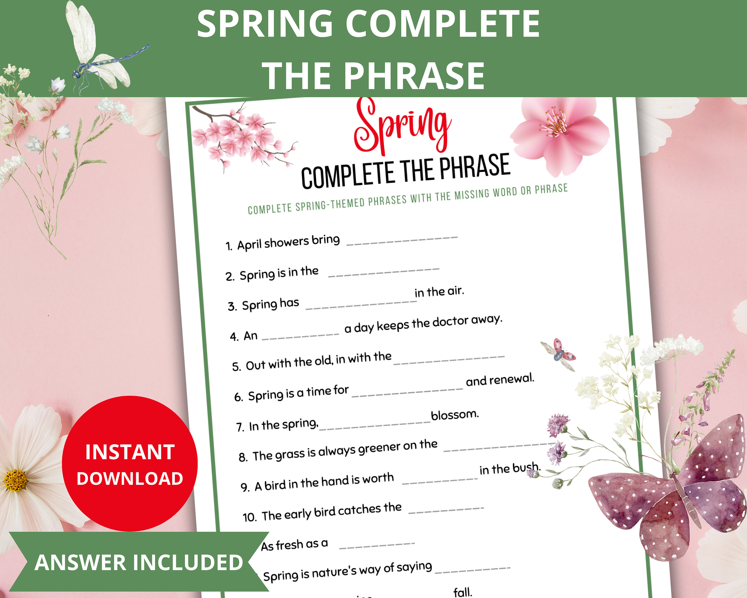 Spring Finish the Phrase Game, Spring Season Party Game,printable ...