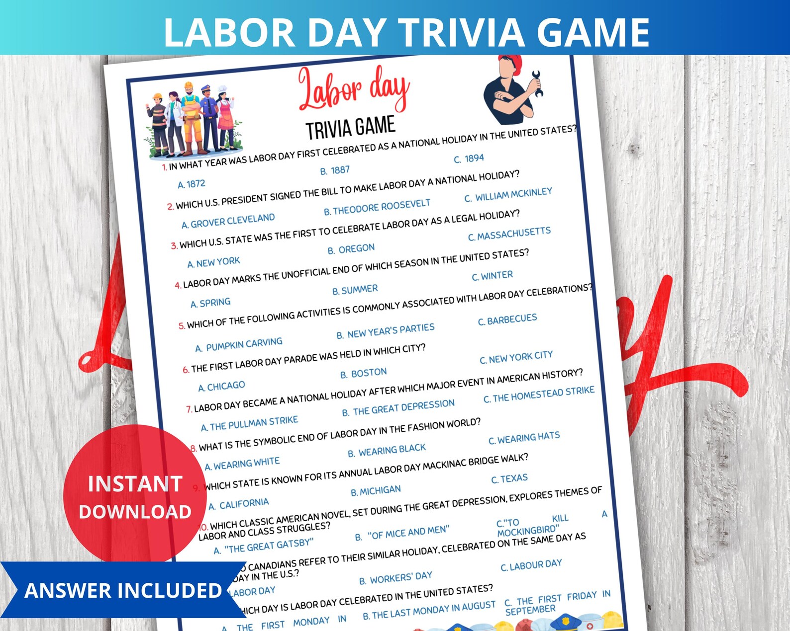 Labor Day Trivia,labor Day Party Games,labor Day Activity,family ...