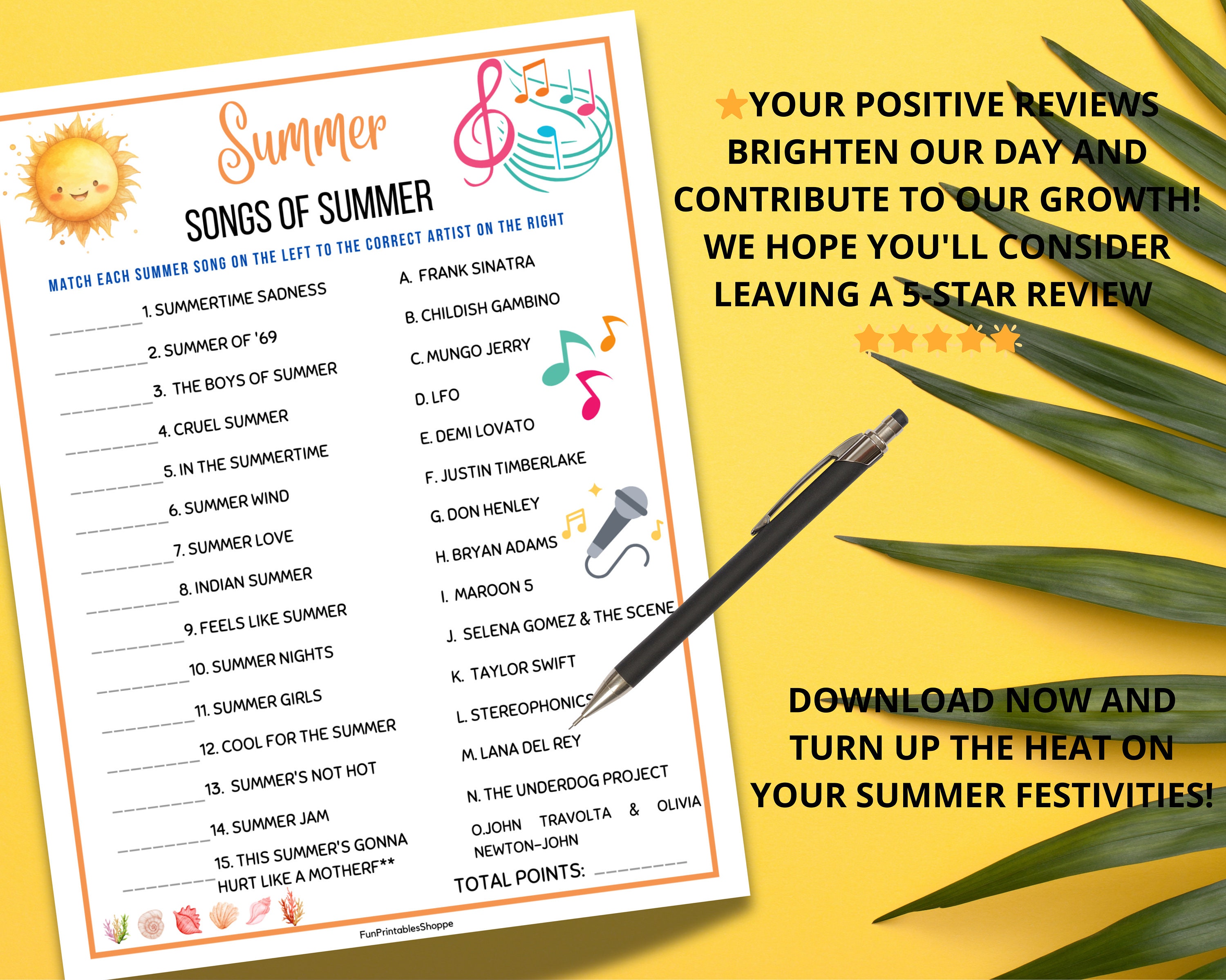 Songs of Summer Matching Game,summer Trivia,summer Songs Matchup ...