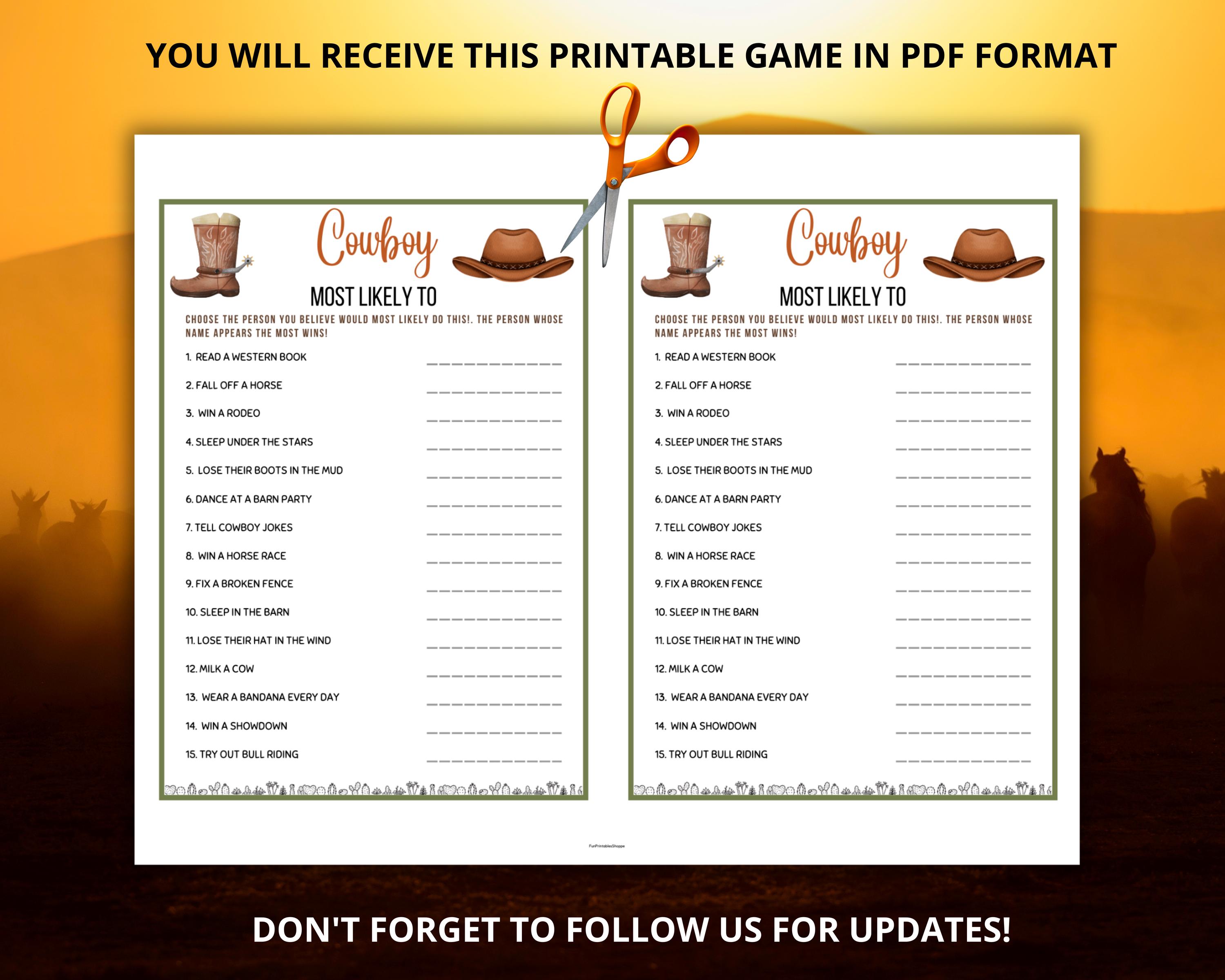 Cowboy Most Likely To,cowboy Party Games,cowboy Trivia Quiz,cowboy ...