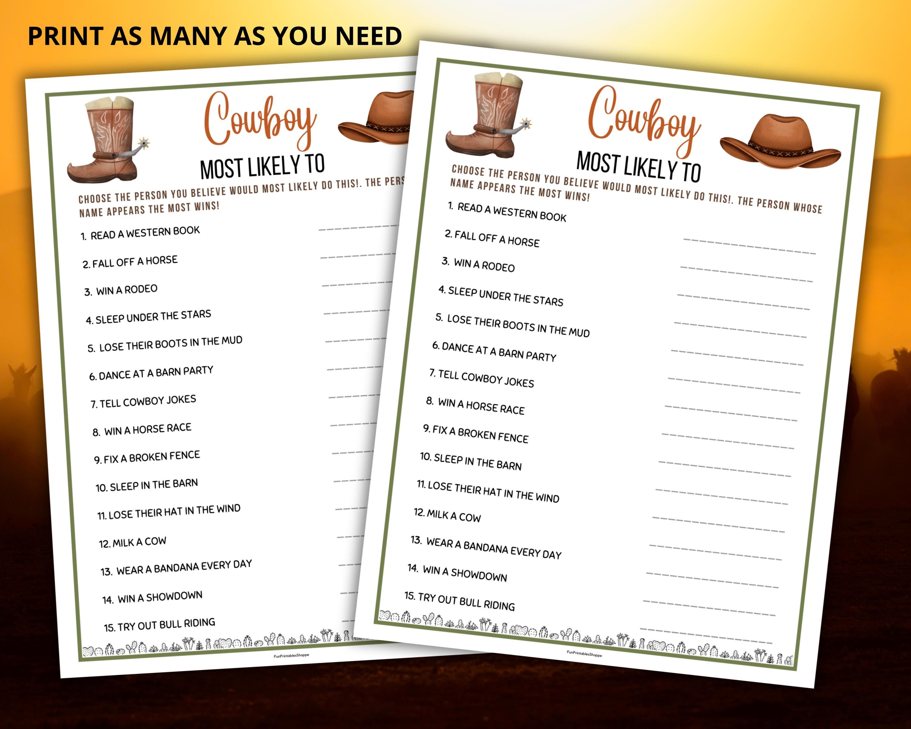 Cowboy Most Likely To,cowboy Party Games,cowboy Trivia Quiz,cowboy ...