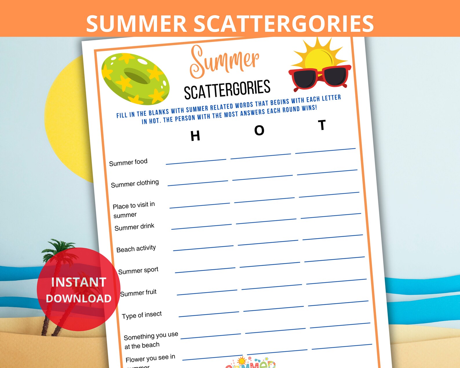 Summer Scattergories Game,summer Family Reunion,summer Fun Game,summer ...