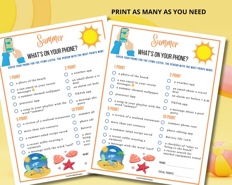 Summer Whats in Your Phone,summer Party Game,phone Game,pool Party ...