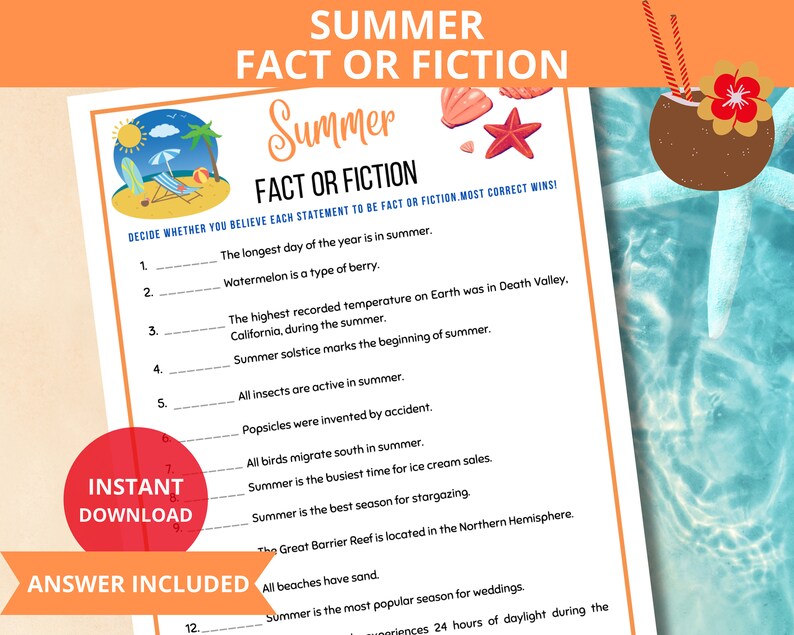 Summer Fact or Fiction,summer Trivia Party Game,family Summer Games ...