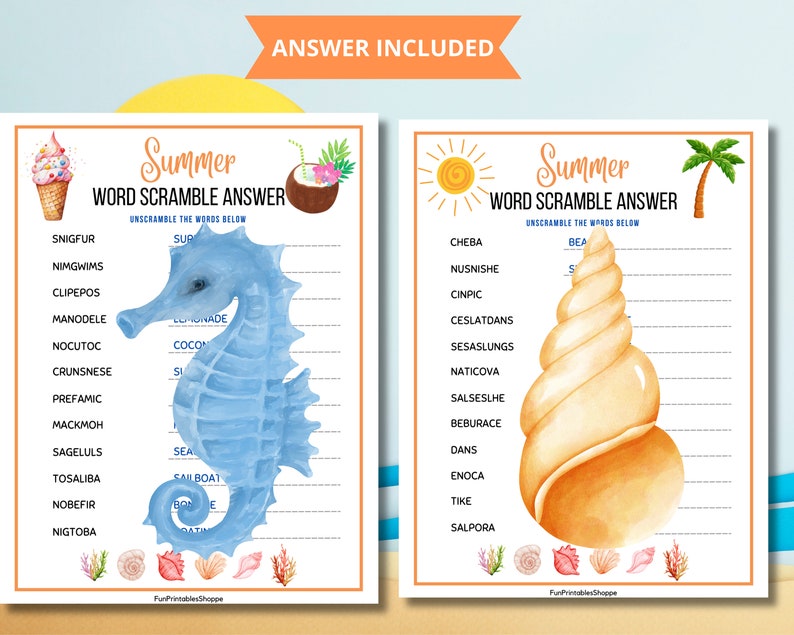 Summer Word Scramble,summertime Games,summer Party Games,summer ...