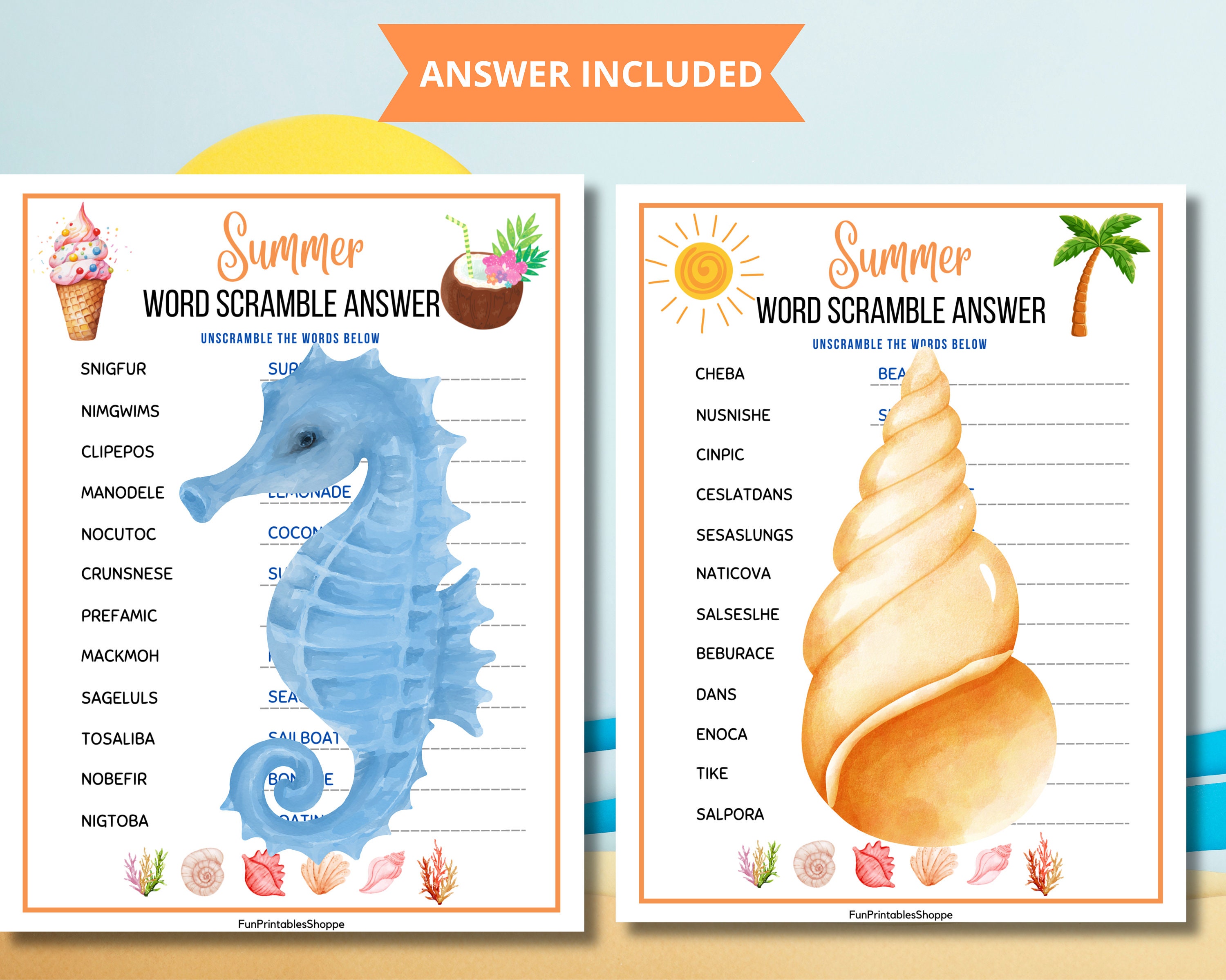 Summer Word Scramble,summertime Games,summer Party Games,summer ...