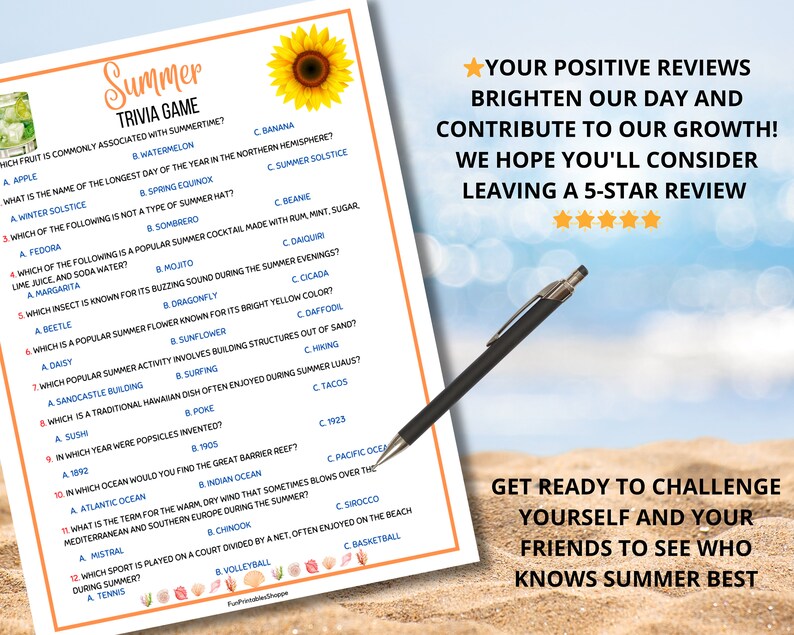 Summer Trivia Game,summer Office,summer Quiz,summertime Game,pool Party ...