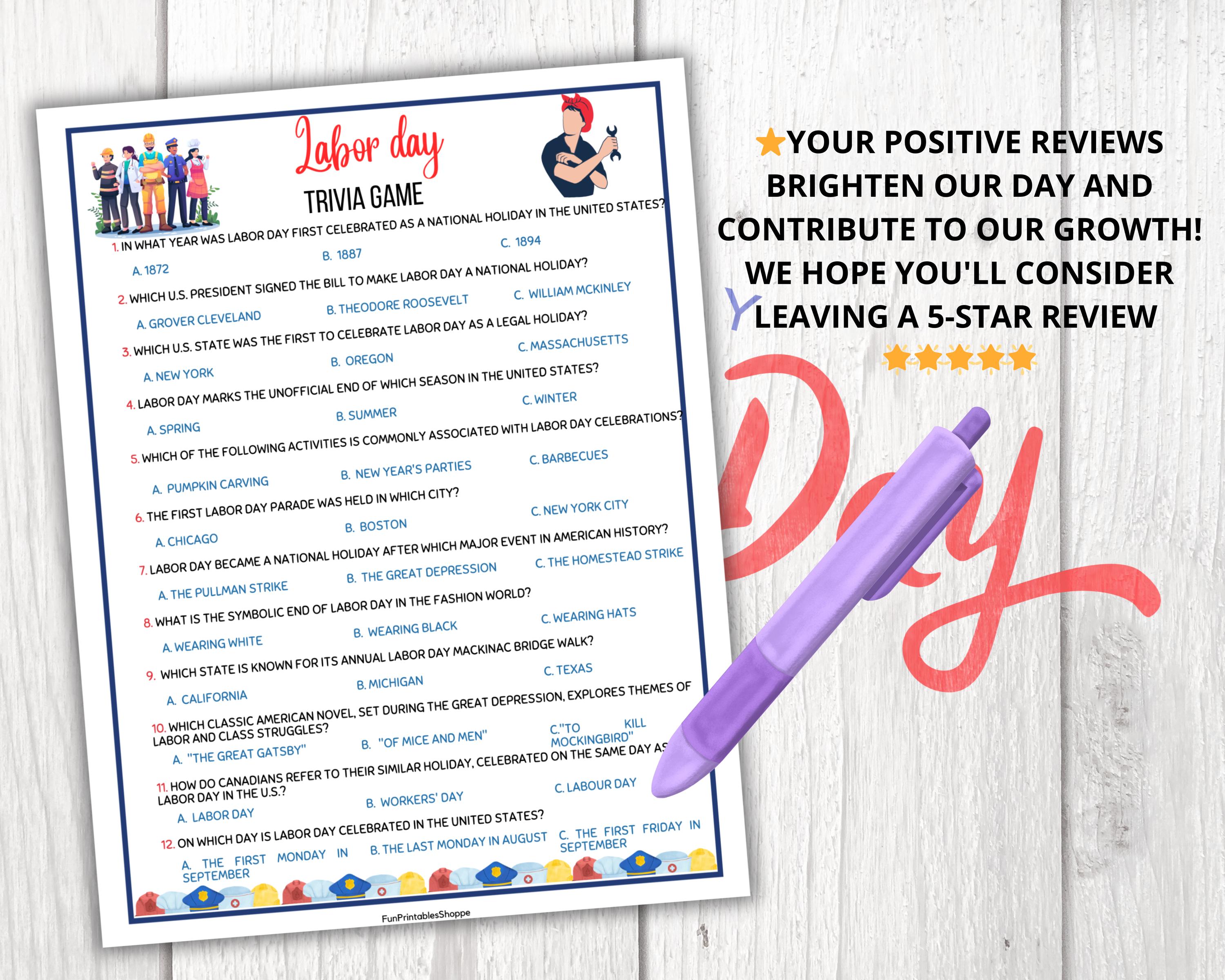 Labor Day Trivia,labor Day Party Games,labor Day Activity,family ...