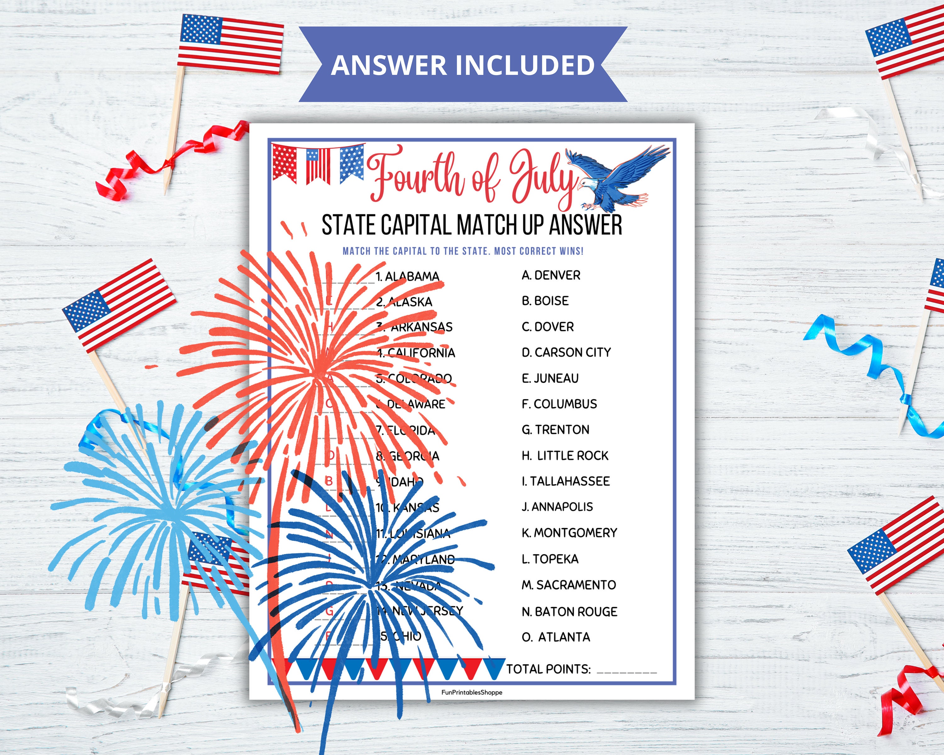 Fourth of July State Capital Match,july 4th Party Game,4th of July ...