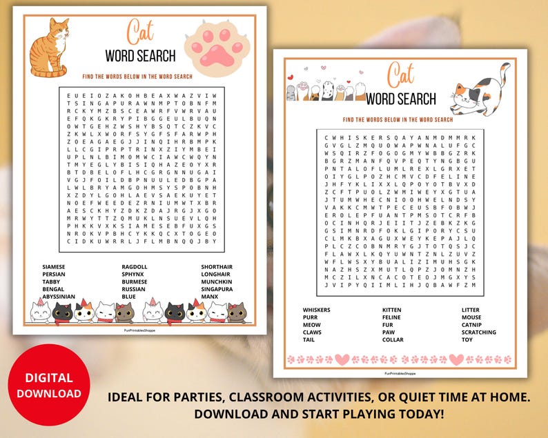 Cat Word Search,animal Word Puzzle,cat Party Game,vocabulary Game,word ...