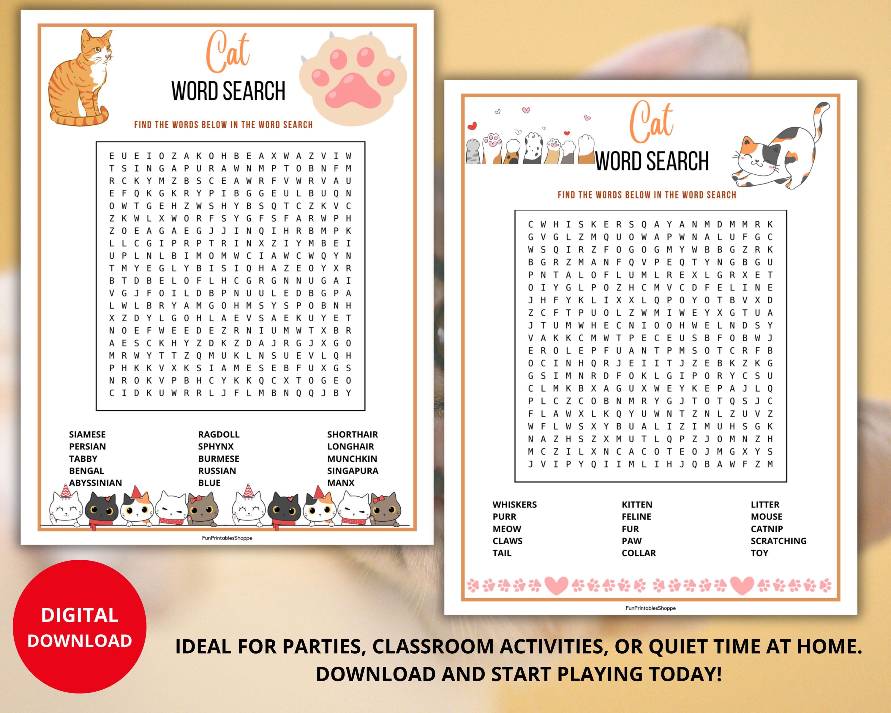 Cat Word Search,animal Word Puzzle,cat Party Game,vocabulary Game,word ...