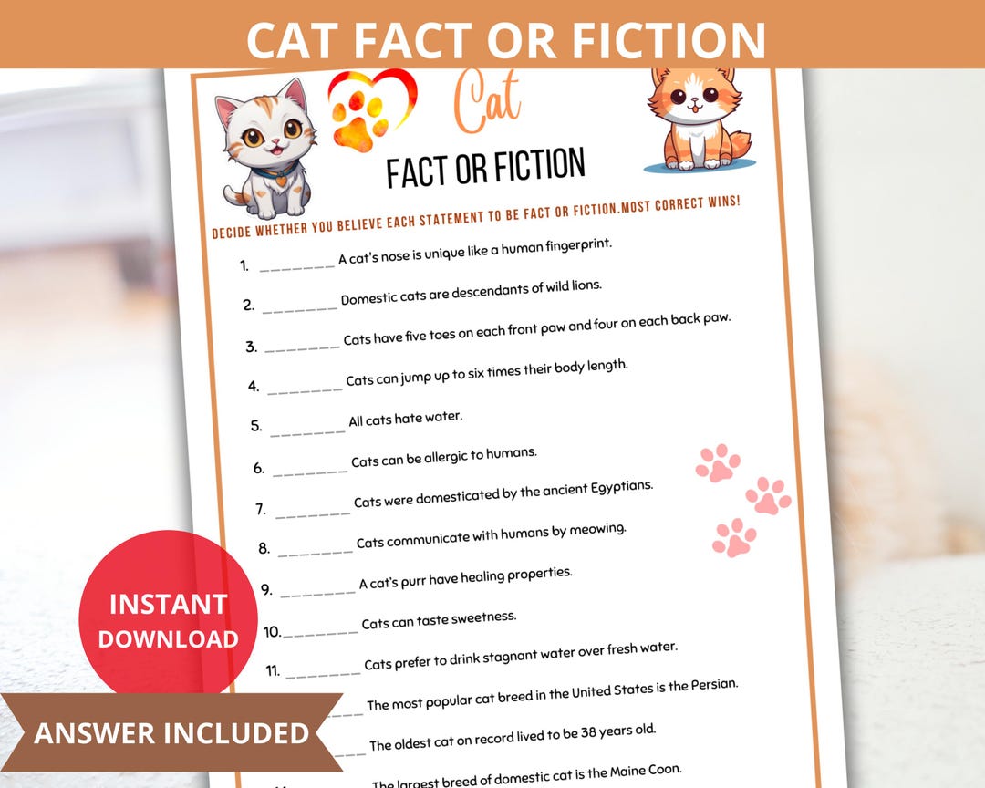 Cat Trivia,cat Fact or Fiction,cat Party Game,cat Lovers,true or False ...