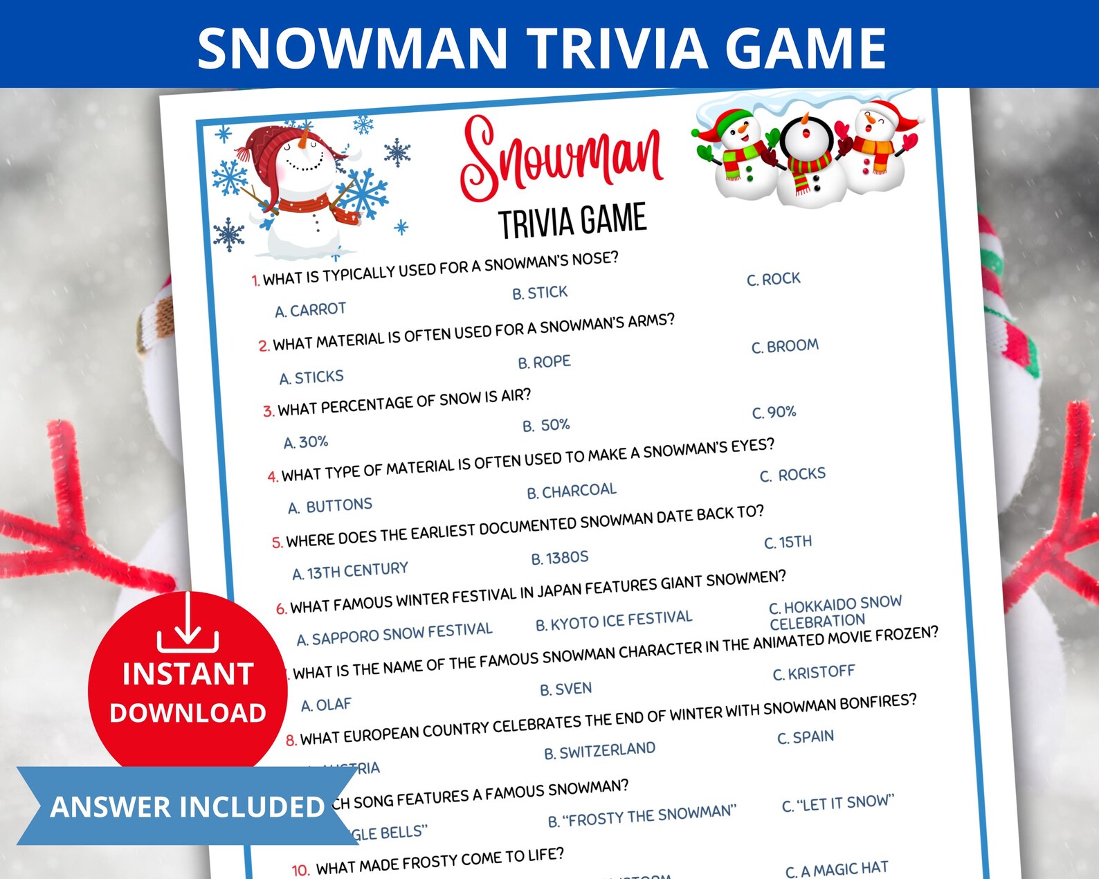 Winter Trivia Game,snowman Trivia,winter Quiz,snow Questions,winter ...