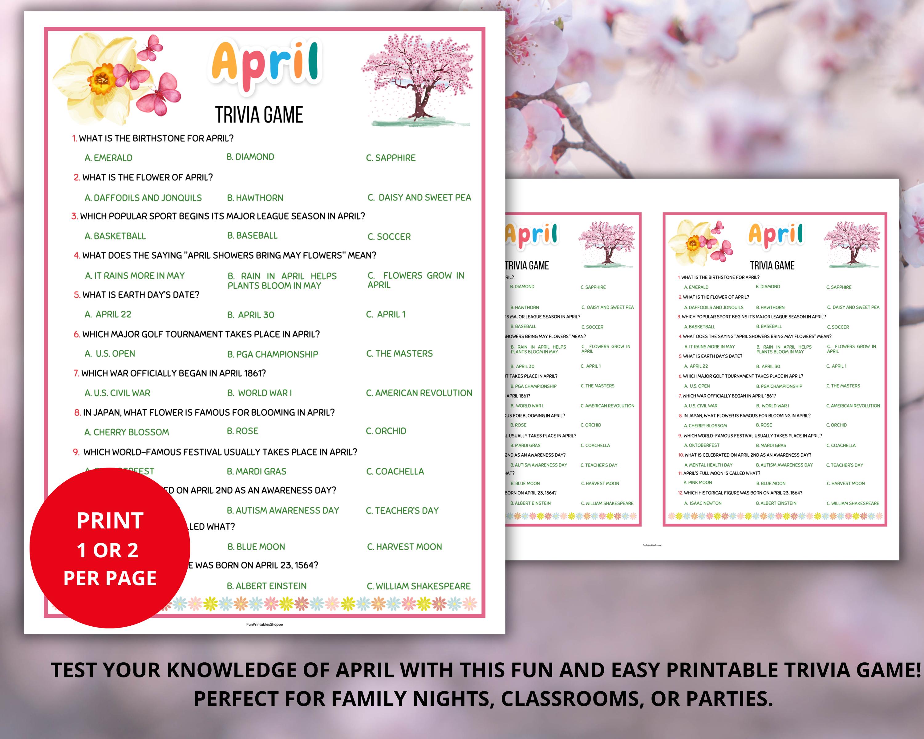 April Trivia Games,monthly Trivia Quiz,spring Party Games,april Games ...