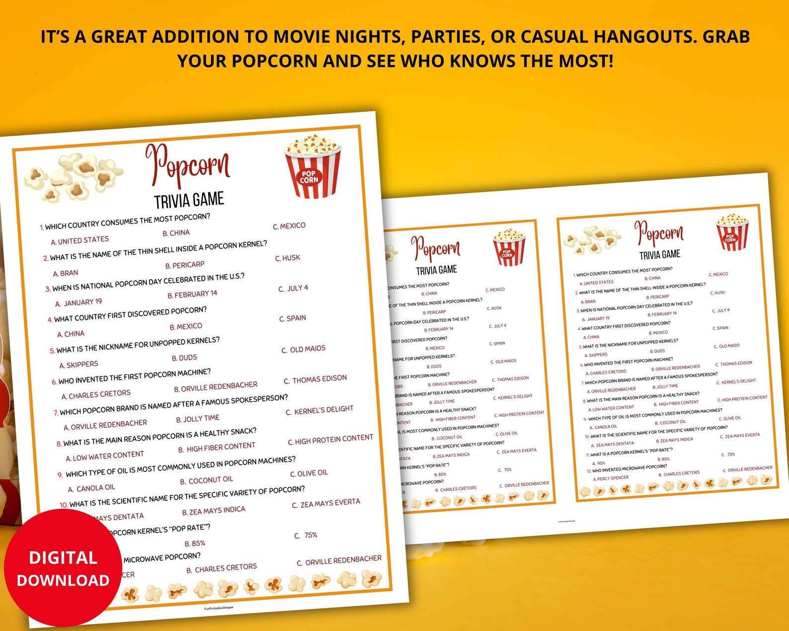 Popcorn Trivia Game,popcorn Quiz Game,food Trivia,popcorn Bar Activity ...