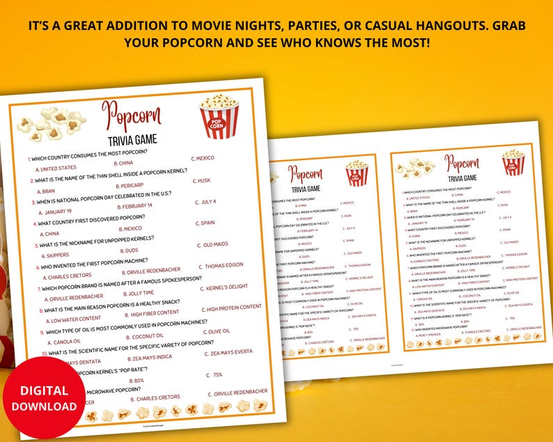 Popcorn Trivia Game,popcorn Quiz Game,food Trivia,popcorn Bar Activity ...