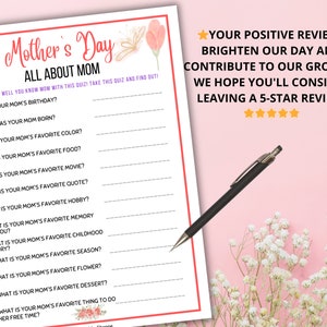 All About Mom Quiz,all About My Momma,mommy,mother's Day Printable Game ...
