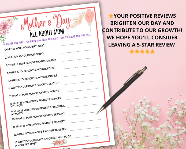 All About Mom Quiz,all About My Momma,mommy,mother's Day Printable Game ...
