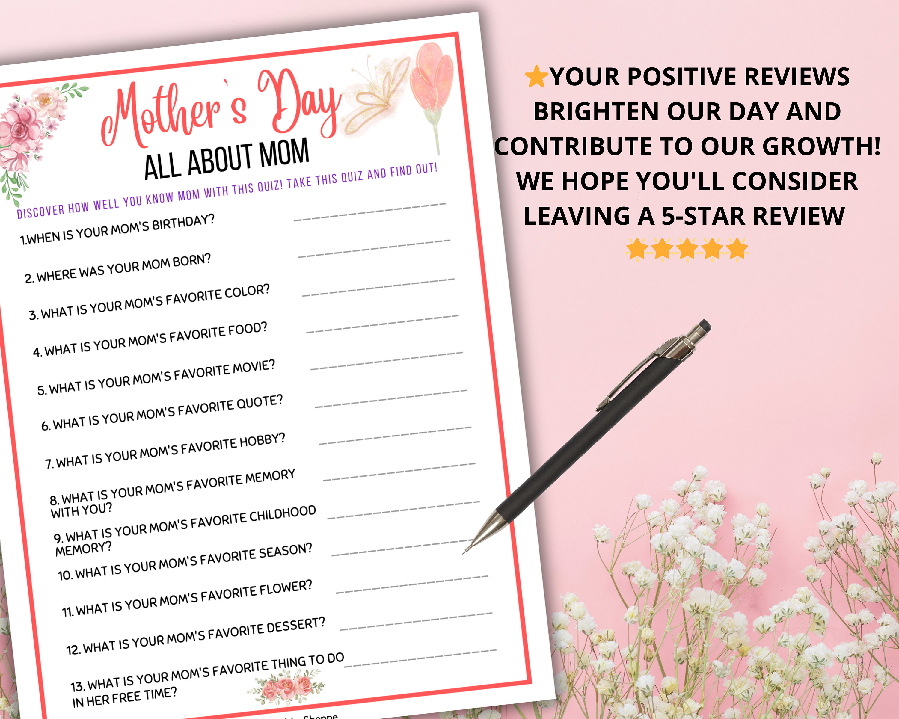 All About Mom Quiz,all About My Momma,mommy,mother's Day Printable Game ...