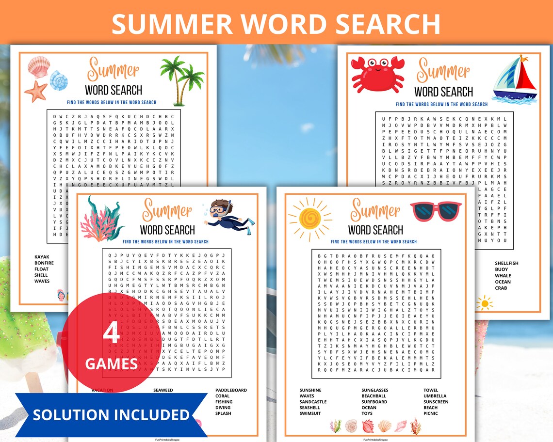Summer Word Search,summertime Party Game,word Find Game,fun Summer ...