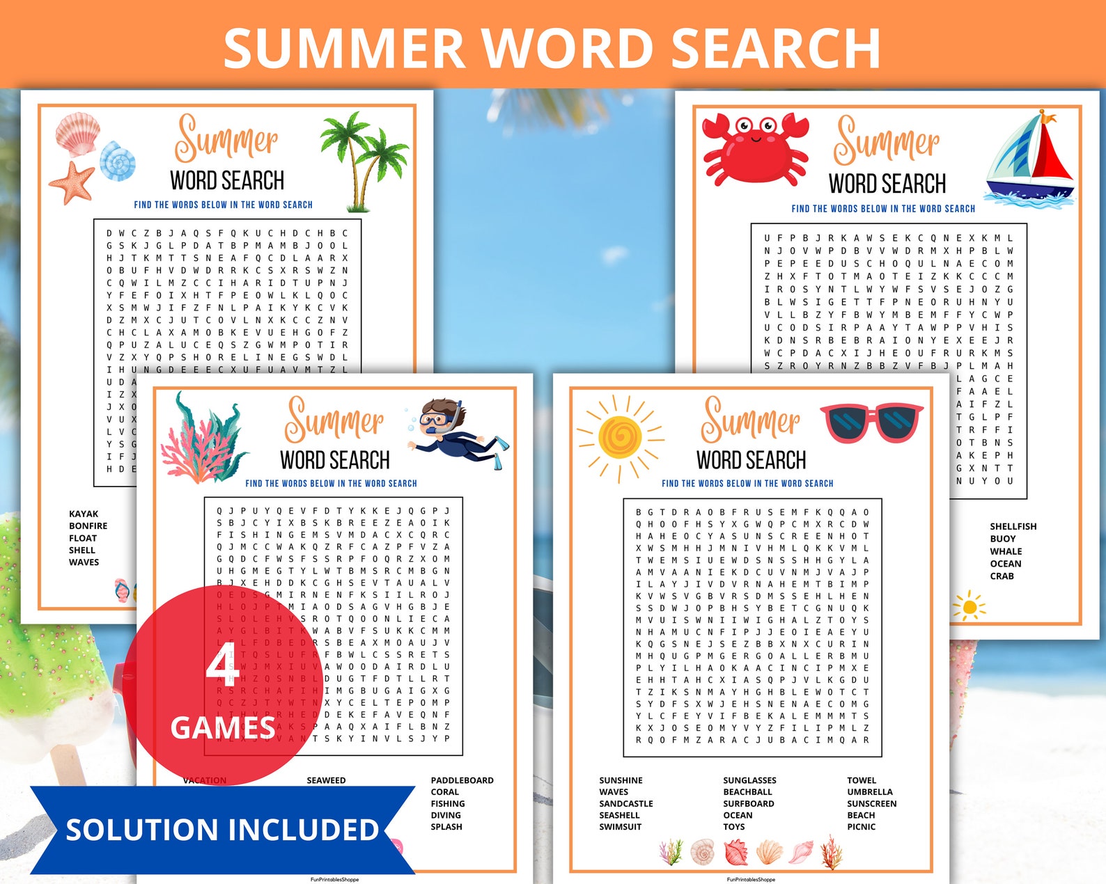 Summer Word Search,summertime Party Game,word Find Game,fun Summer ...