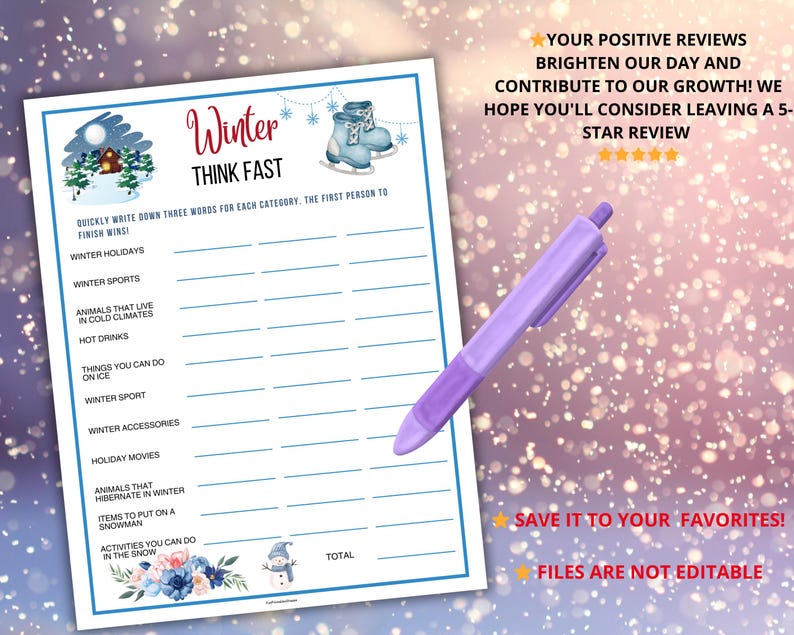 Winter Think Fast Game,winter Word Party Game,winter Office Game,winter ...